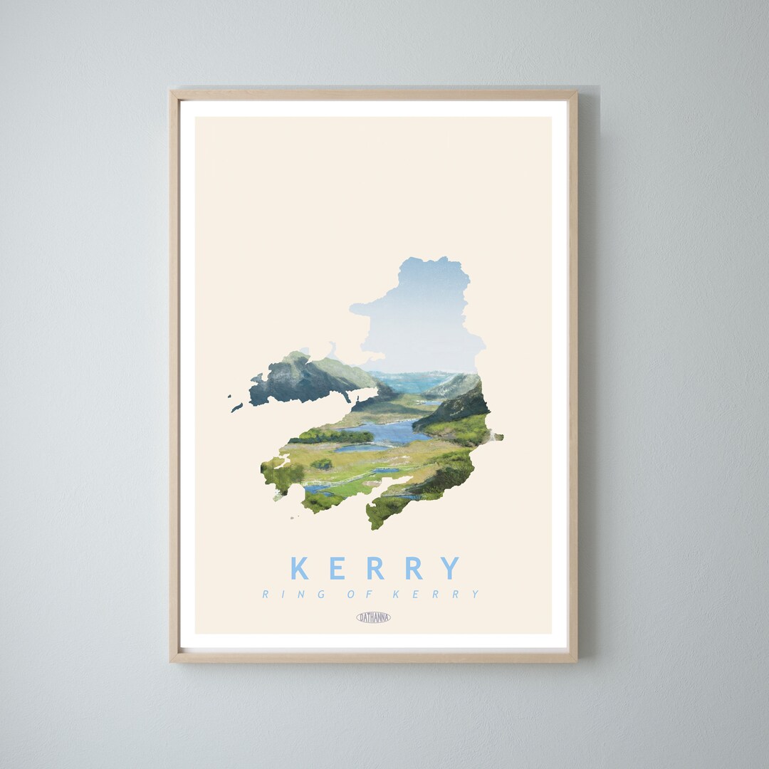 Kerry Map Travel Poster, County Kerry Irish Landscape Prints, Gaeilge ...