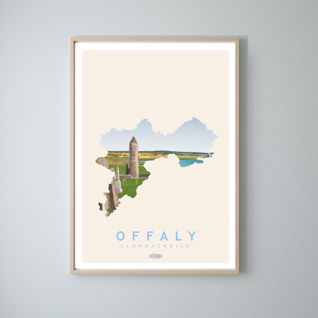 Offaly Map Travel Poster, Irish Landscape Prints, Gaeilge Art, Irish ...
