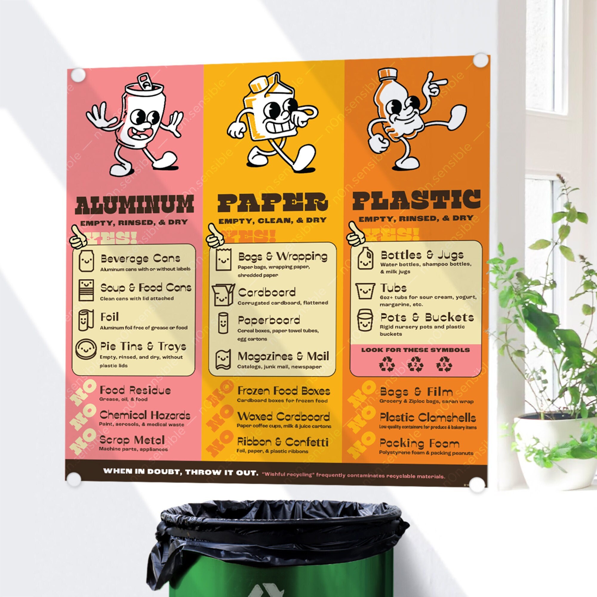 Recycling Guide Poster | Sustainability Wall Art, Vintage Cartoon Style ...