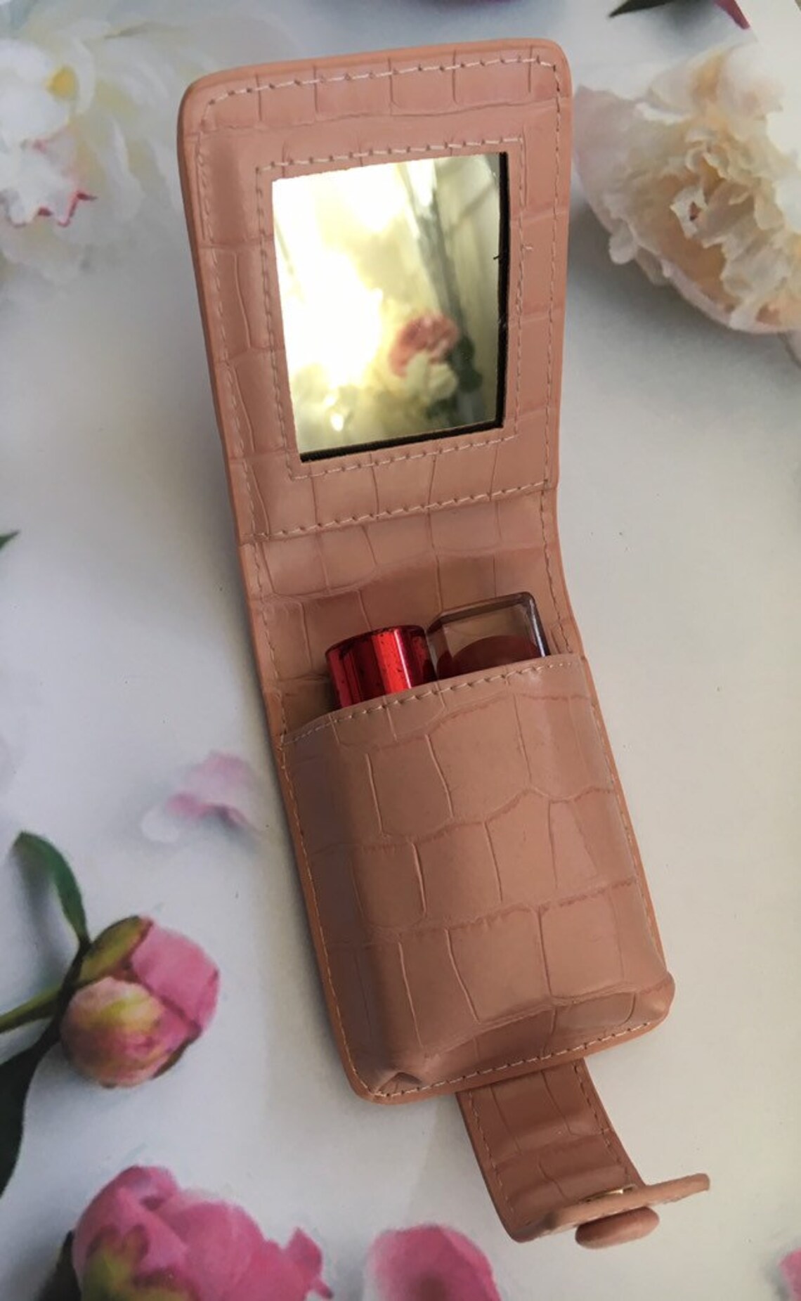 Lipstick holder with compact mirror personalised Pu leather | Etsy