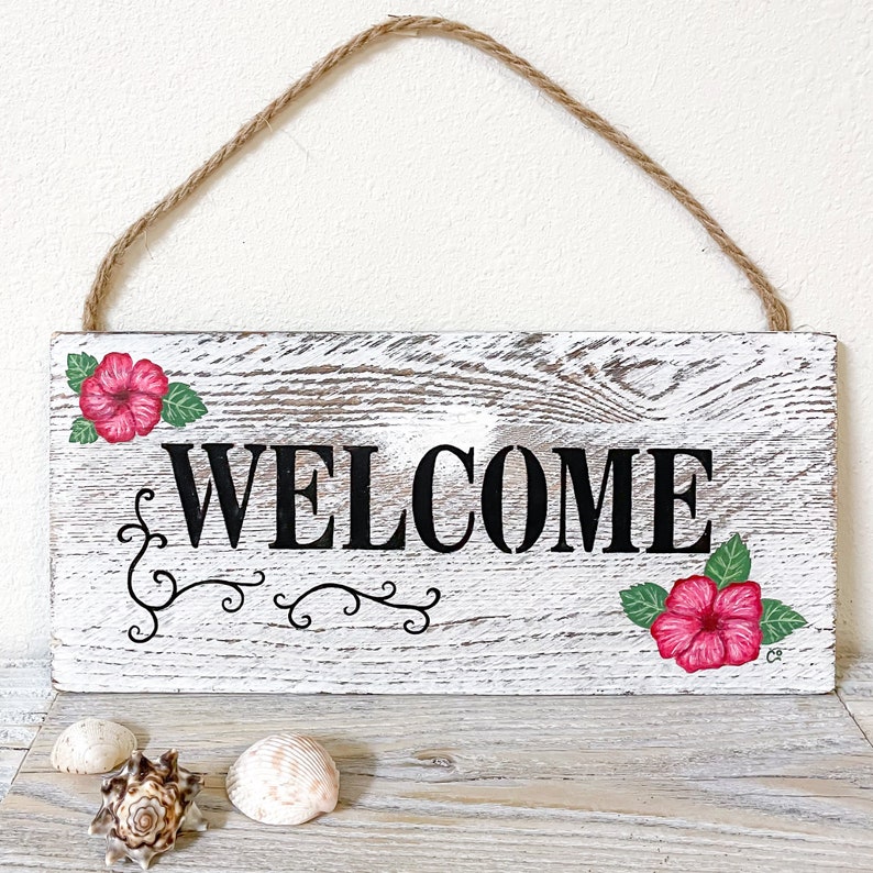 Flower Welcome Sign, Hand Painted Hibiscus Flower Welcome Sign, Wooden ...