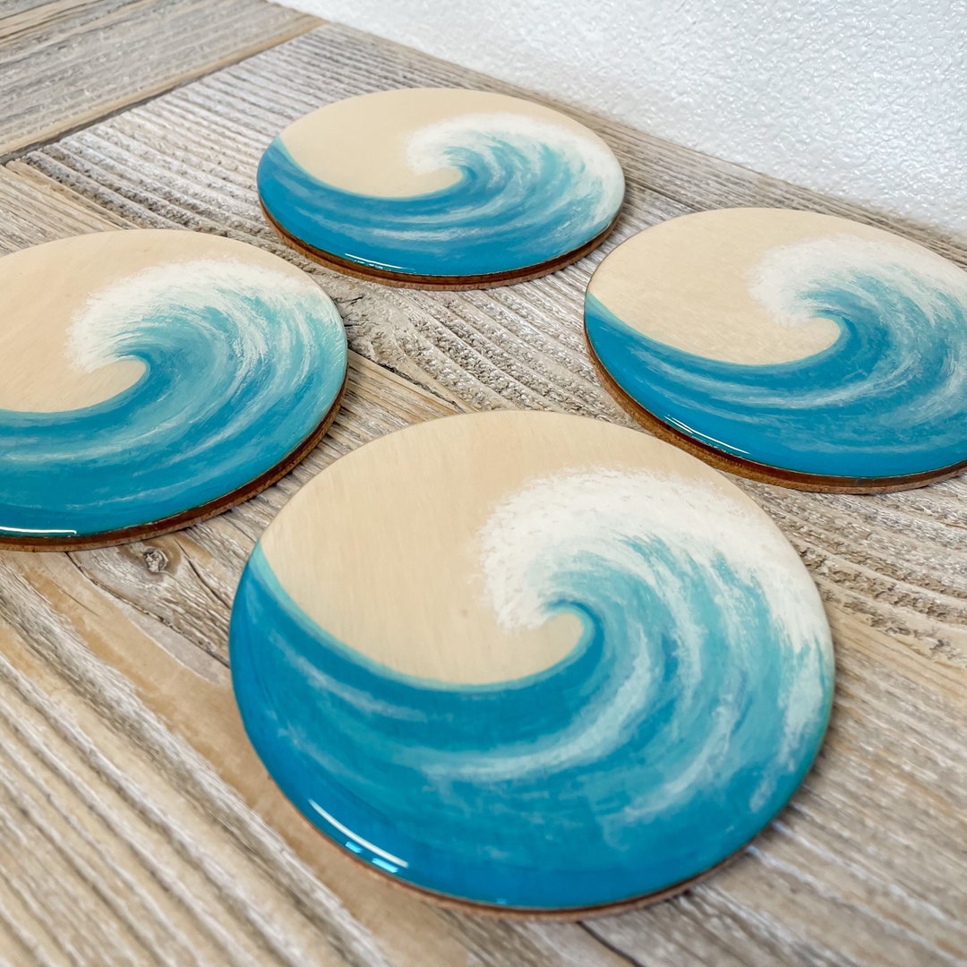 Hand Painted Ocean Wave Wood Coasters, Beach Decor, Set of 4 - Etsy