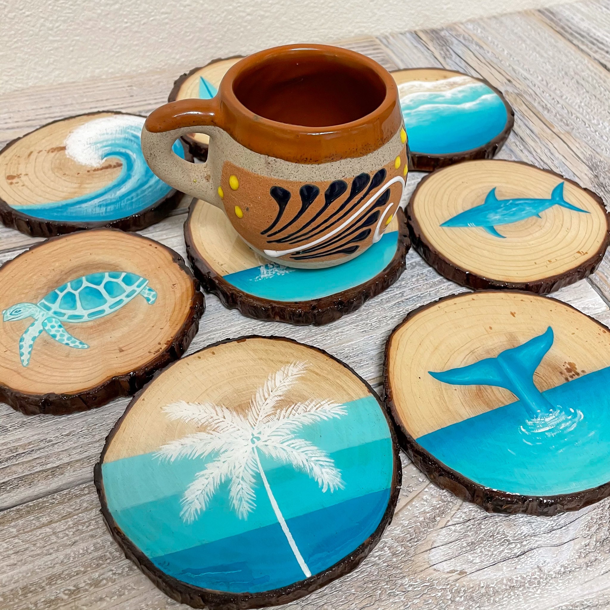 Ocean Coasters, Hand Painted Natural Wood Resin Coasters, Wave Surf Art ...