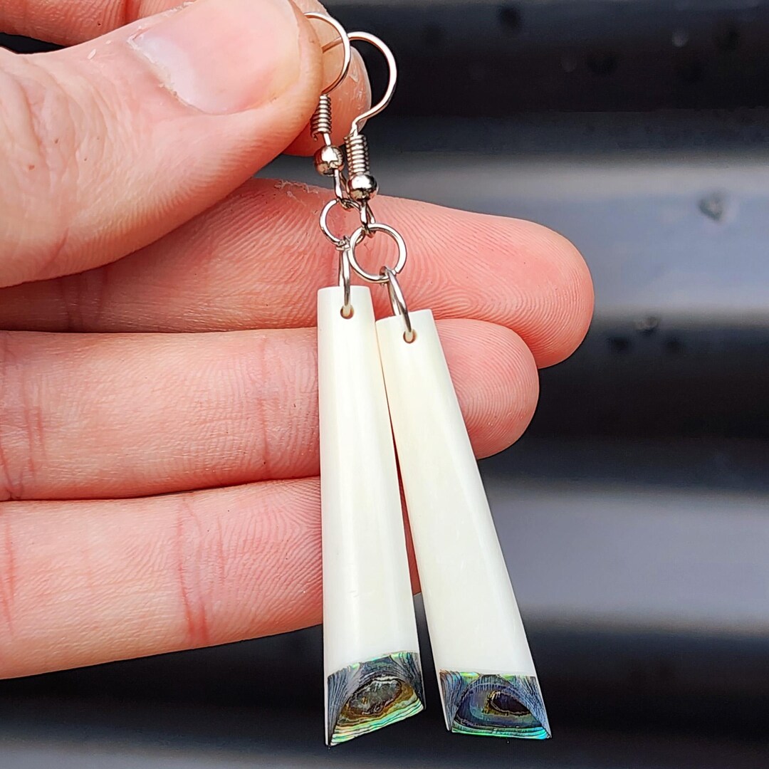 Natural Hand Carved Maori Bone Carving Earrings - Rectangle Drops With ...