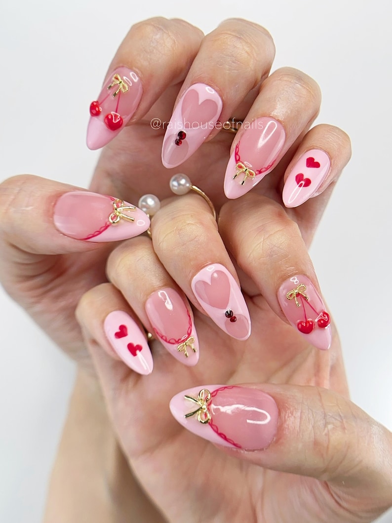 Valentinstag Luxus Press on Nails | Rosa Kirschnägel mit ...