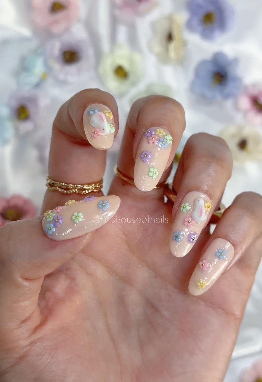 Spring Press on Nails, Flower Nails, Pastel Nails, 3D Nail Art, Bunny ...