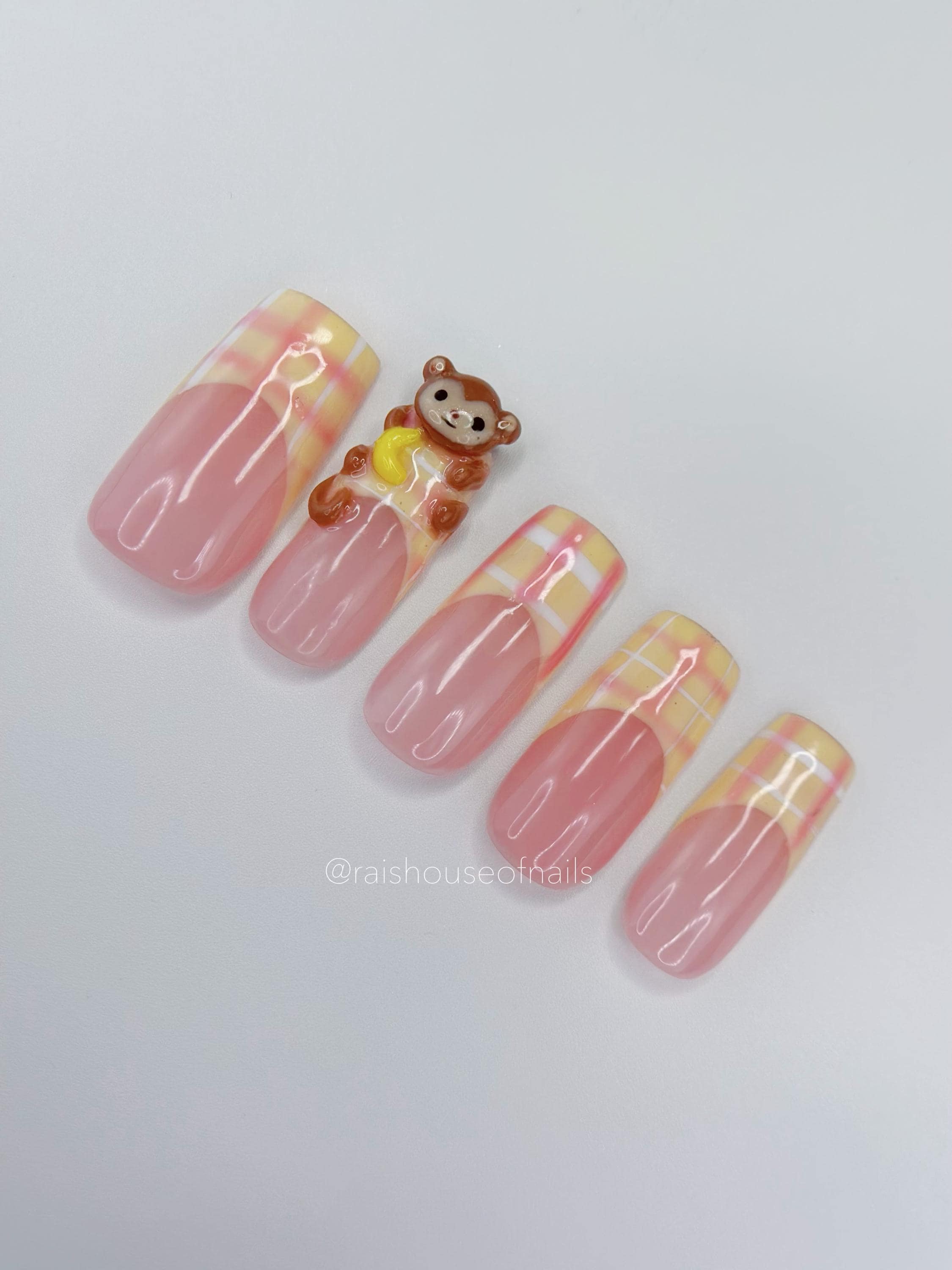 3D Monkey Press on Nails, Plaid French Tip, Custom Acrylic Fake Nails ...