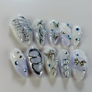 Silver Y2K Press on Nails, Metallic Nails, Chrome Nails, Butterfly ...