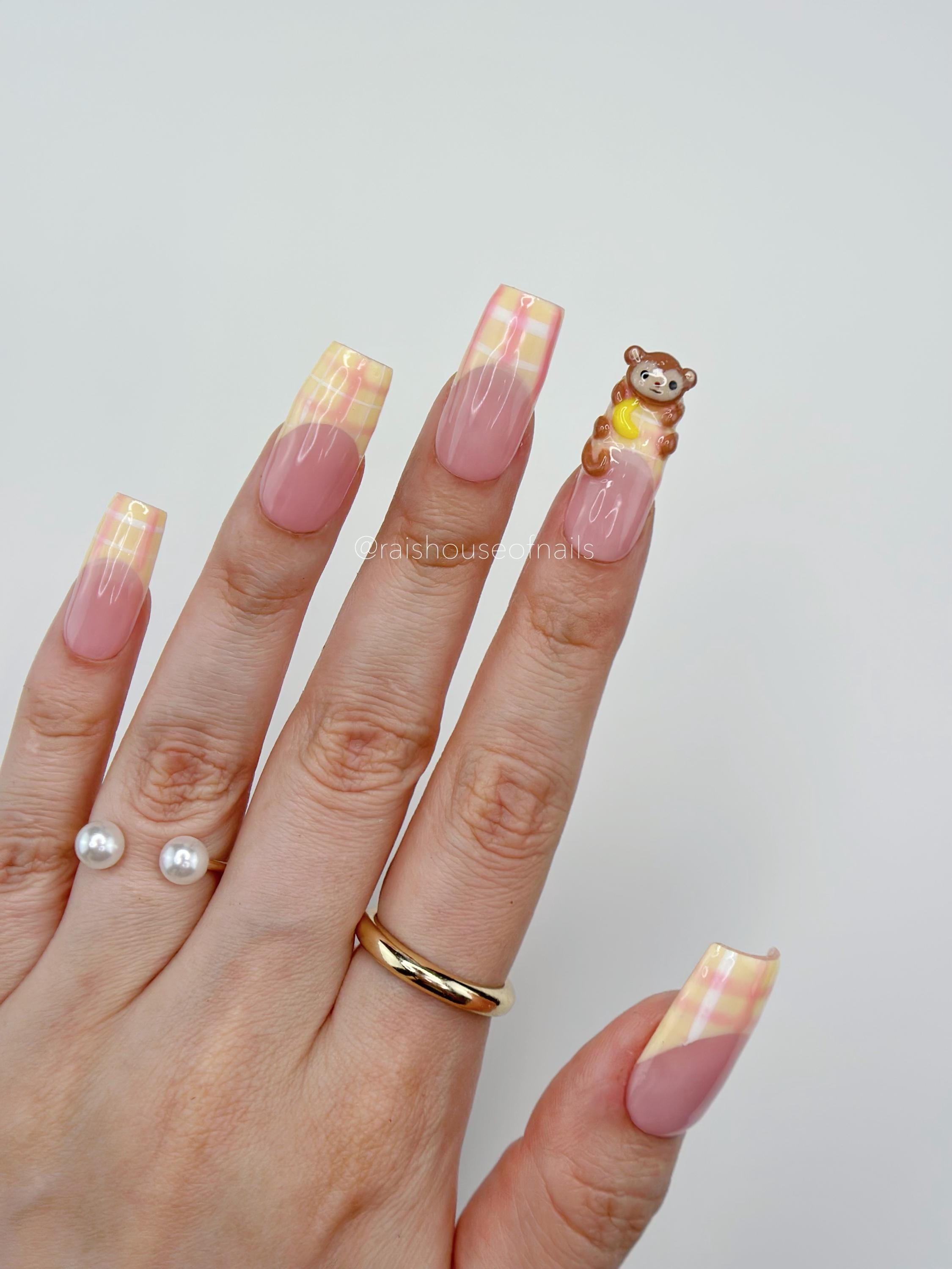 3D Monkey Press on Nails With Pastel Plaid French Tips and Banana - Etsy