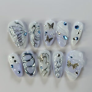 Silver Y2K Press on Nails, Metallic Nails, Chrome Nails, Butterfly ...