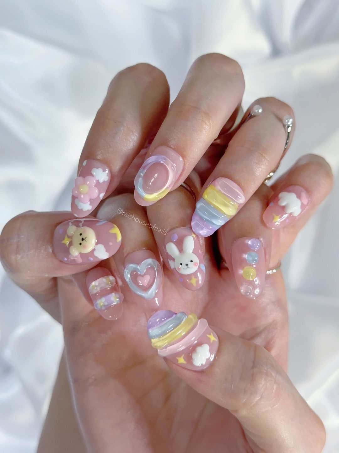 Cute Jelly Press on Nails, Kawaii Korean Nails, Short Almond Press on Nails, 3D Pastel Press Ons ...