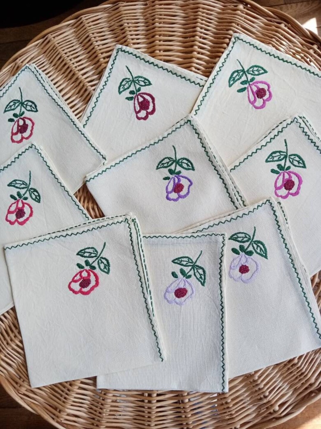 Set of 9 Hand Embroidered Napkins With Multi-colored Flowers - Etsy