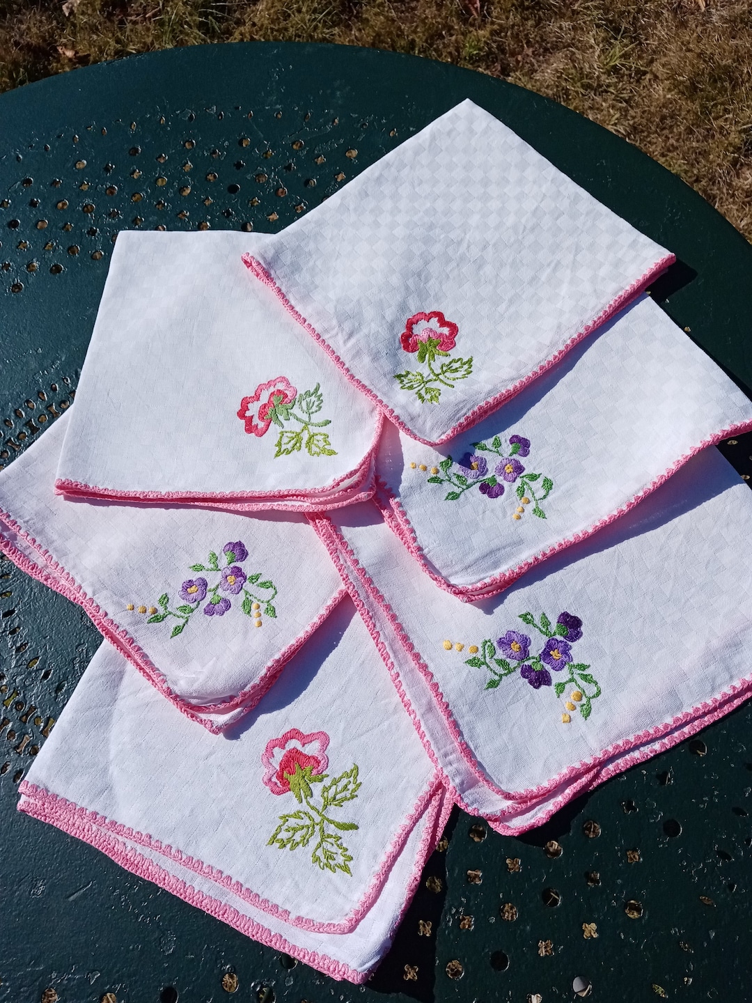 Set of 6 Hand Embroidered Napkins With Flowers and Crochet Borders in ...