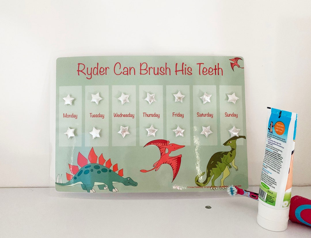 Personalised Dinosaur Tooth Brushing Reward Chart for Boys - A4 Size ...