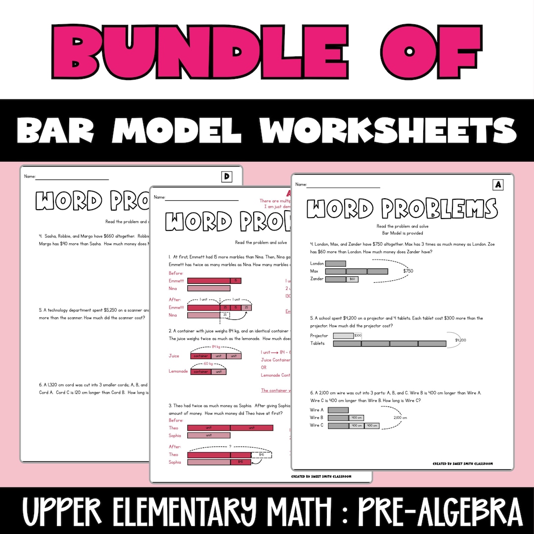 BUNDLE of Bar Model Word Problem Worksheets - Algebraic Thinking for ...