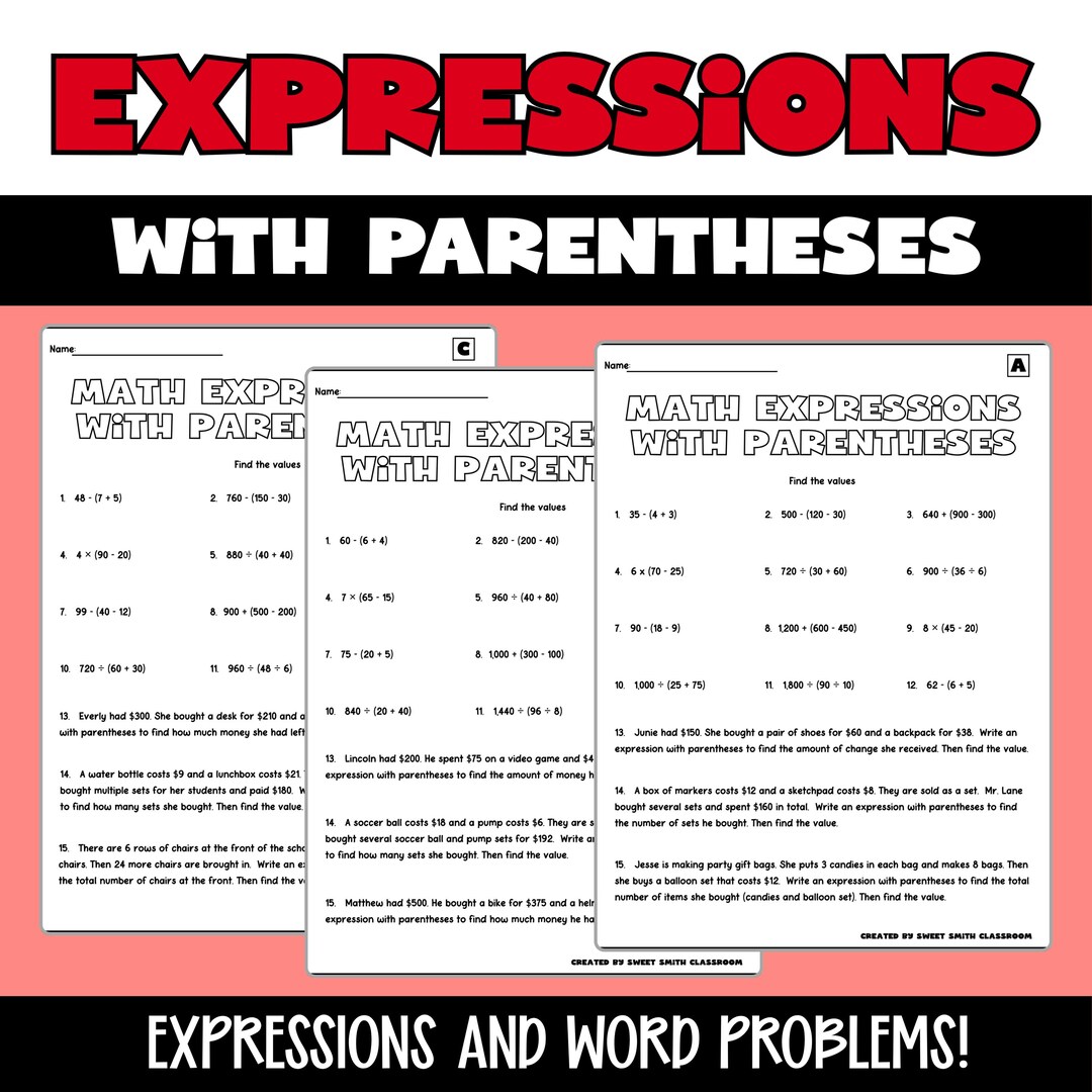Math Expressions With Parentheses - Order of Operations With Word ...