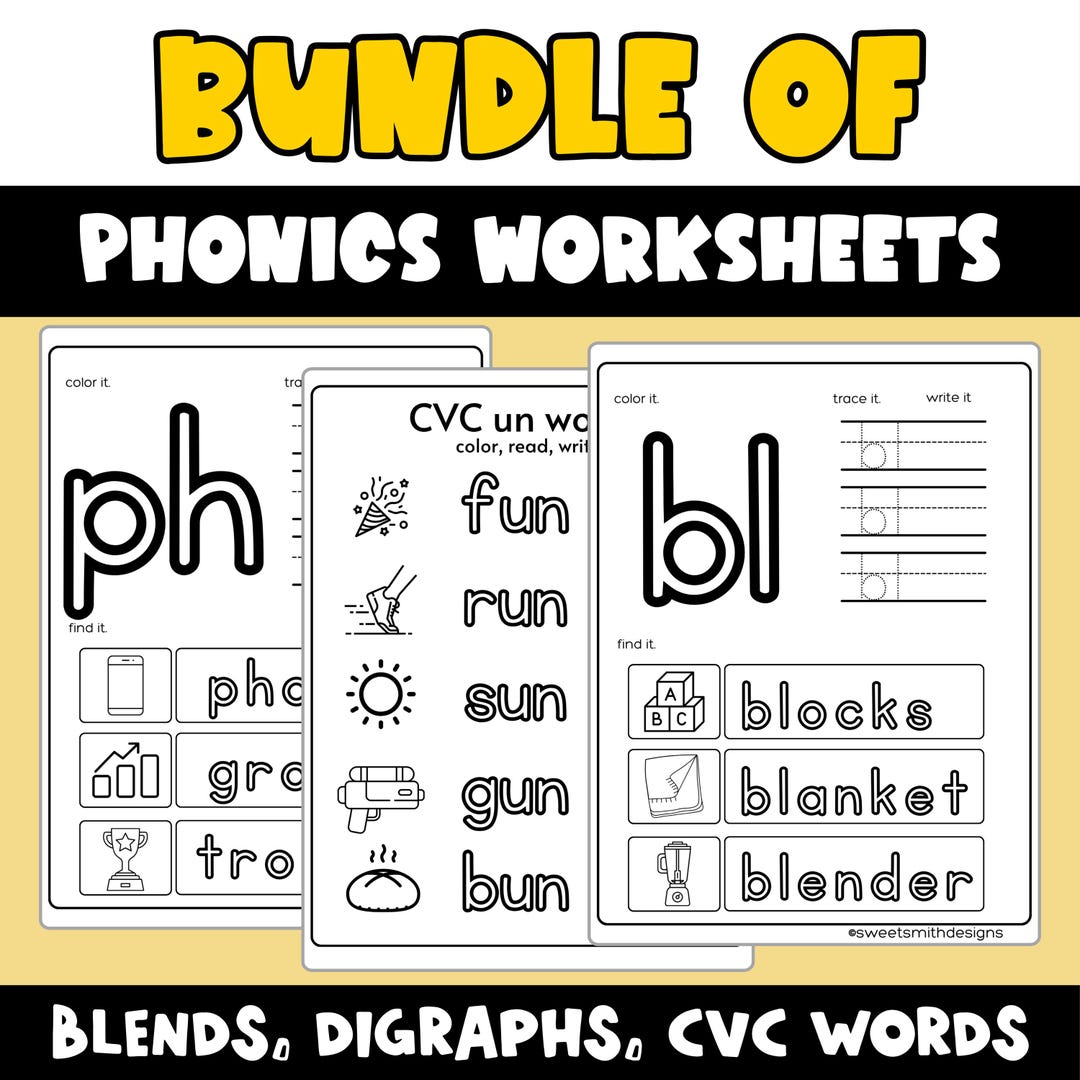 Bundle of Kindergarten Phonics Worksheets - CVC Words, Blends ...