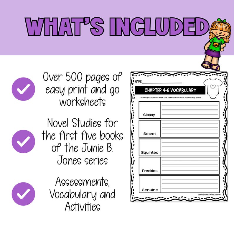 Junie B. Jones Novel Study Bundle: First 5 Books, Reading Comprehension ...