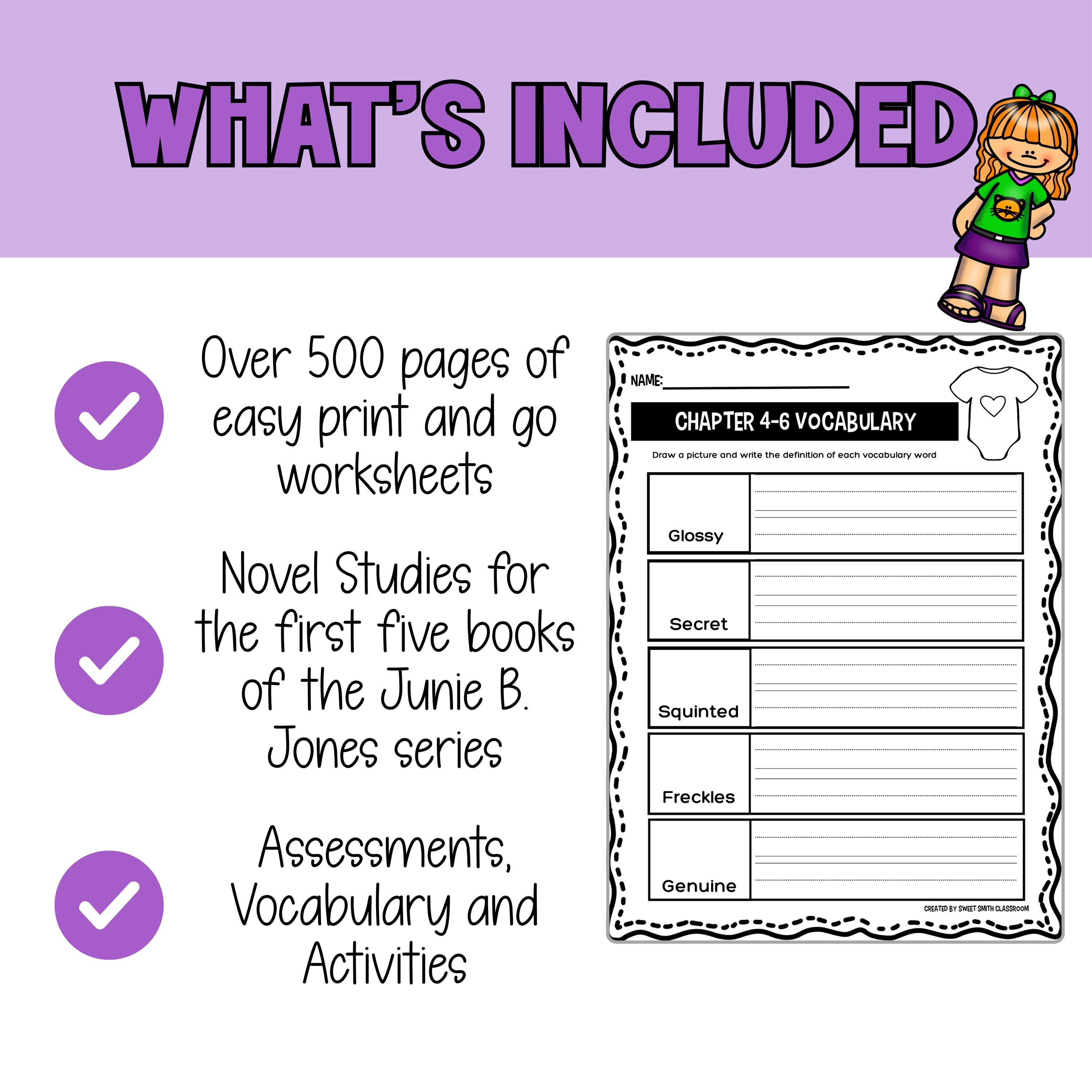 Junie B. Jones Novel Study Bundle: First 5 Books, Reading Comprehension ...