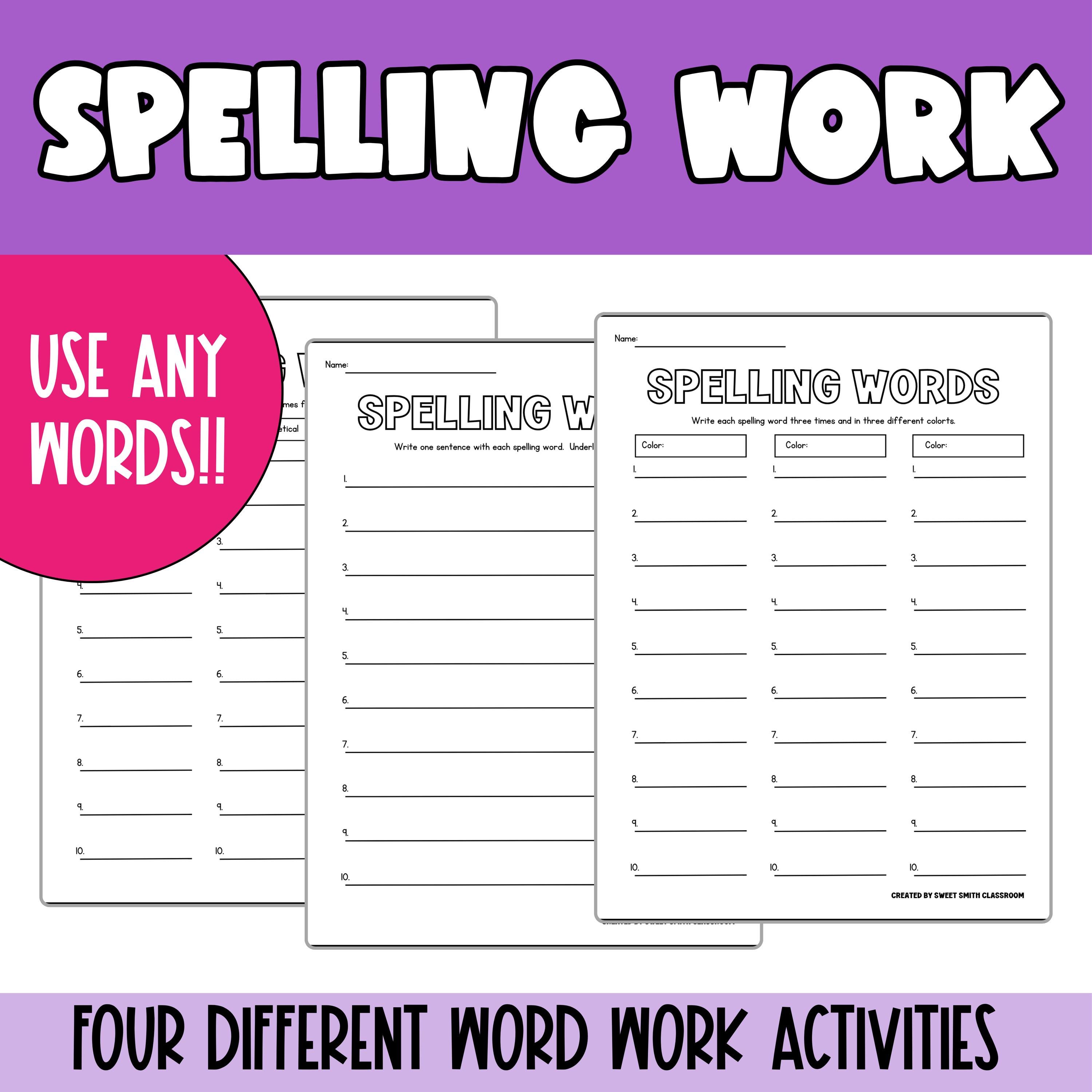 Word Work Spelling Practice Worksheets - Activities for ANY Spelling ...