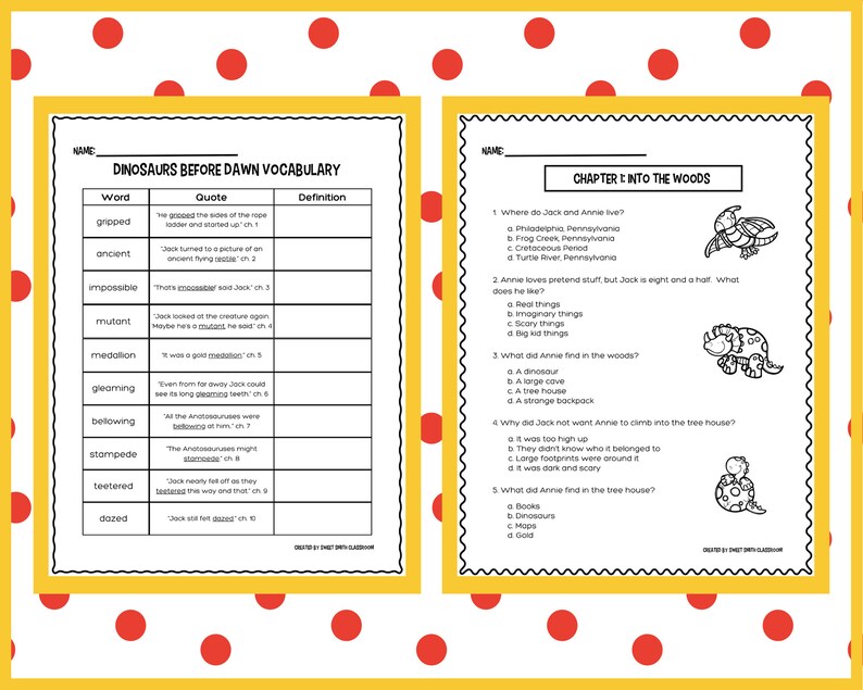 Magic Tree House: Dinosaurs Before Dark Novel Study (no Prep Worksheets ...