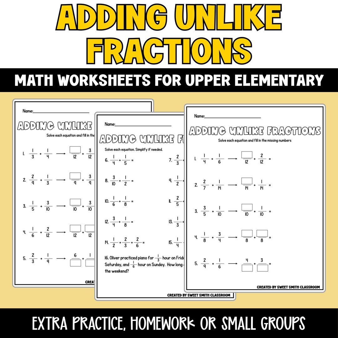 Adding Unlike Fractions Worksheets | Step-by-step Practice and Word ...