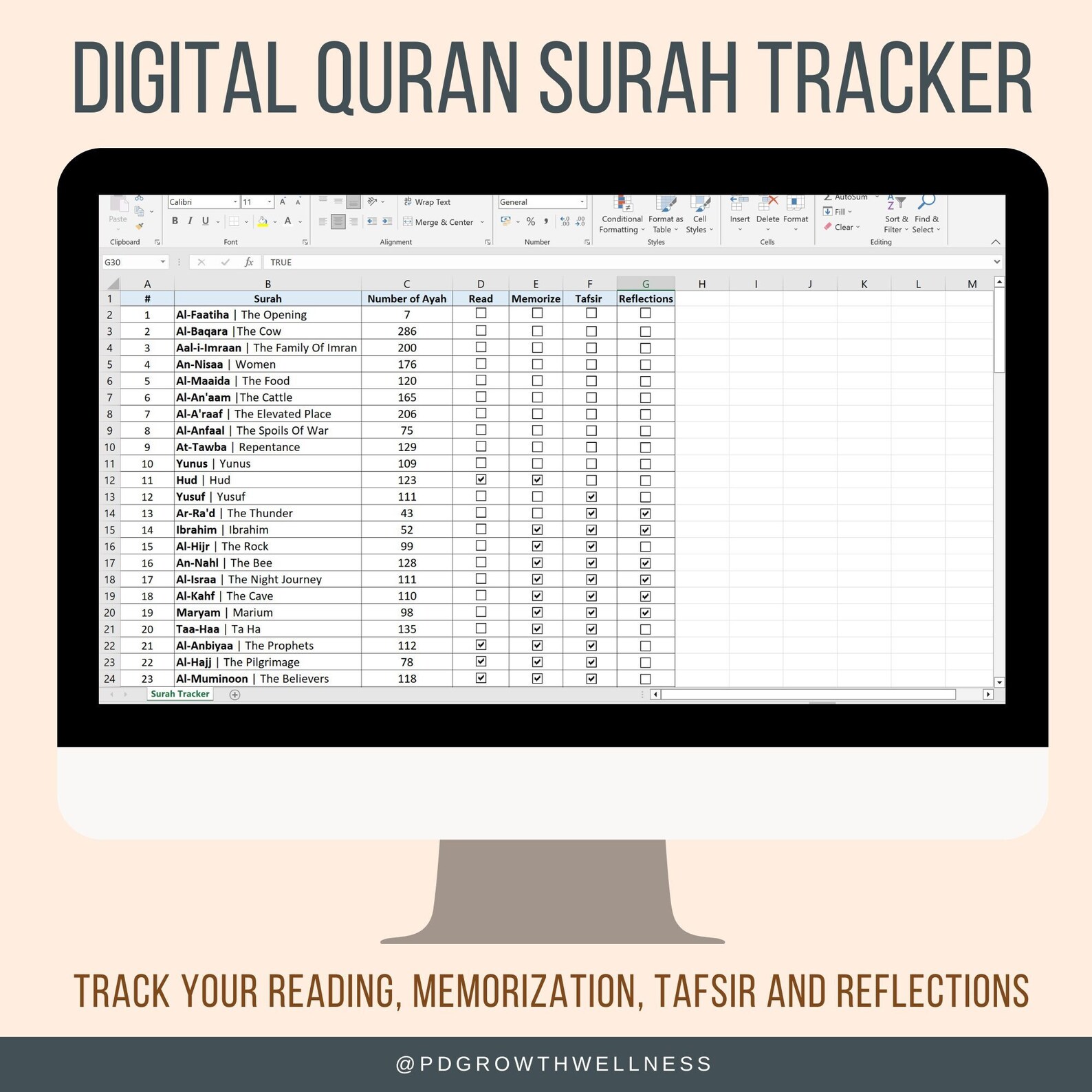 Digital Quran Surah Tracker | Minimalistic Format | Quran Reading ...