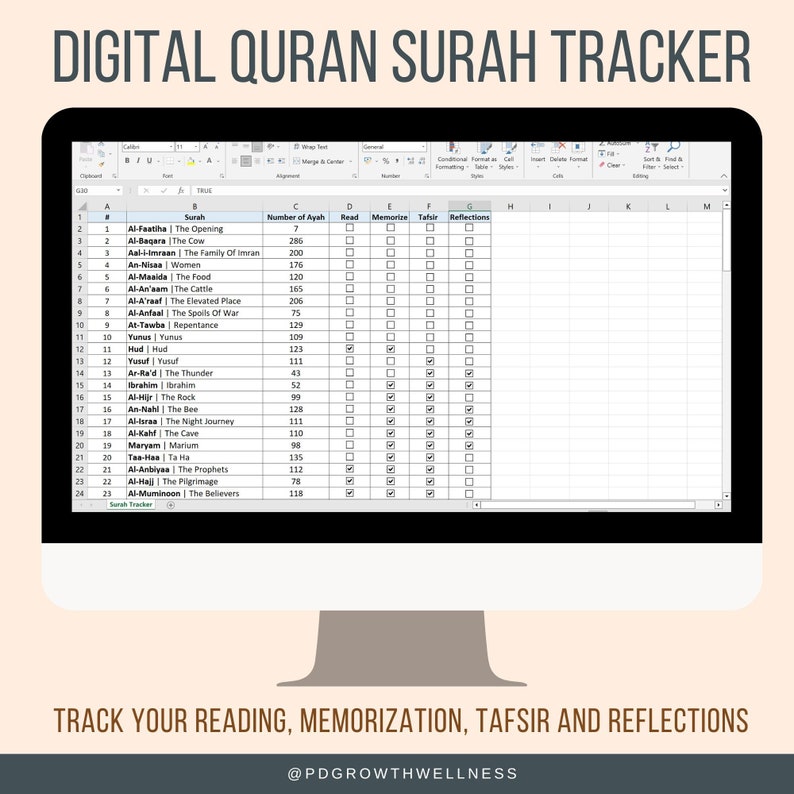 Digital Quran Surah Tracker | Minimalistic Format | Quran Reading ...