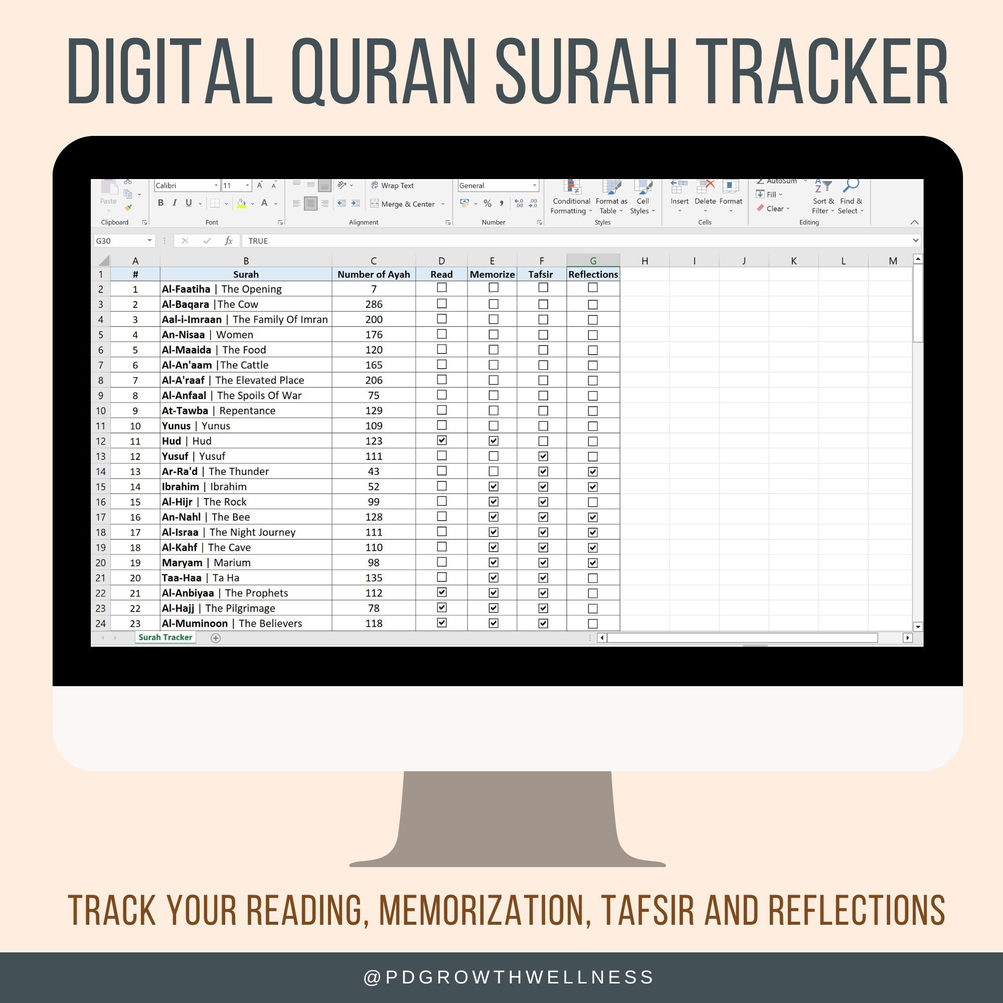 Digital Quran Surah Tracker | Minimalistic Format | Quran Reading ...