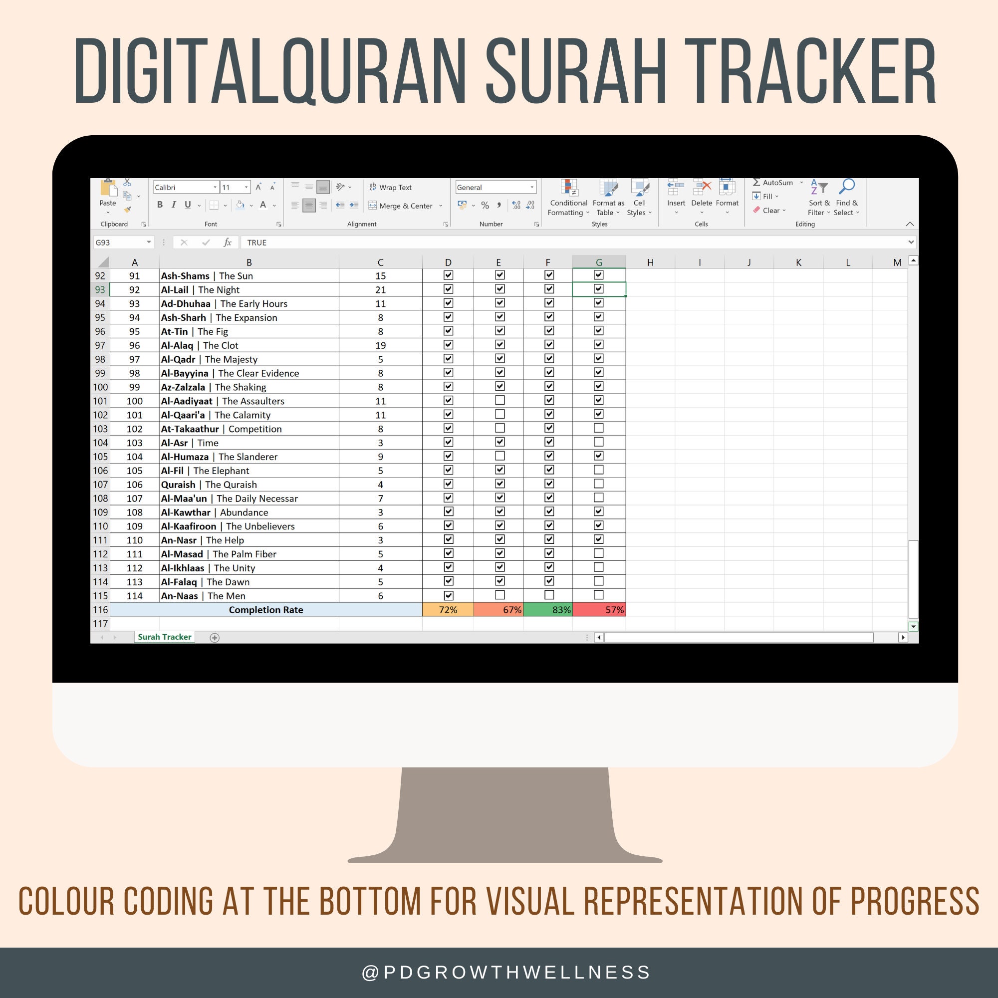 Digital Quran Surah Tracker | Minimalistic Format | Quran Reading ...