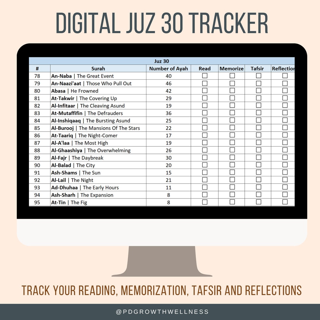 Digital | Juz 30 | Quran Surah Tracker | Excel Sheet | Surah 78 - 114 ...