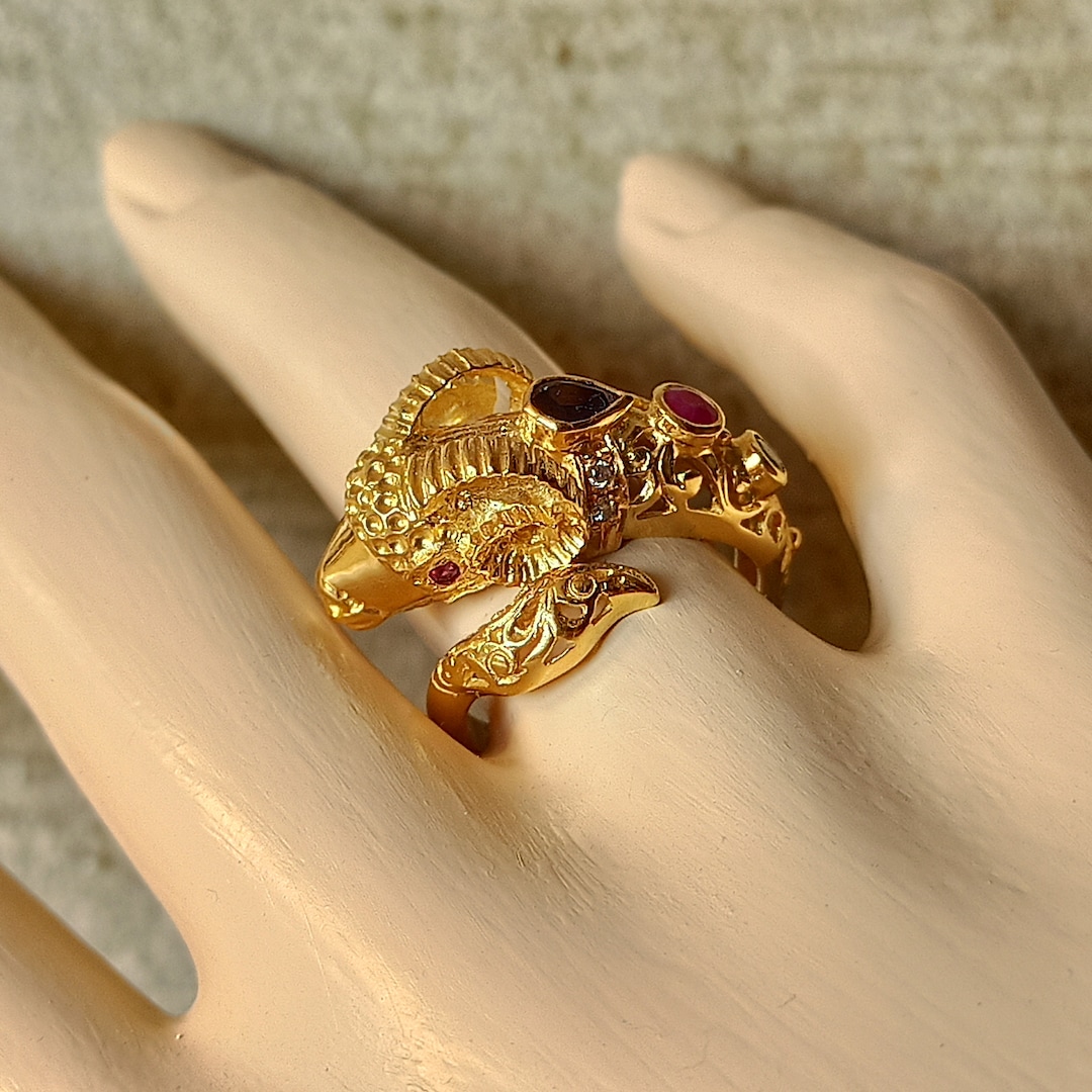 Byzantine Style , Ram Head Ring With Precious Stones and Diamonds in 18 ...