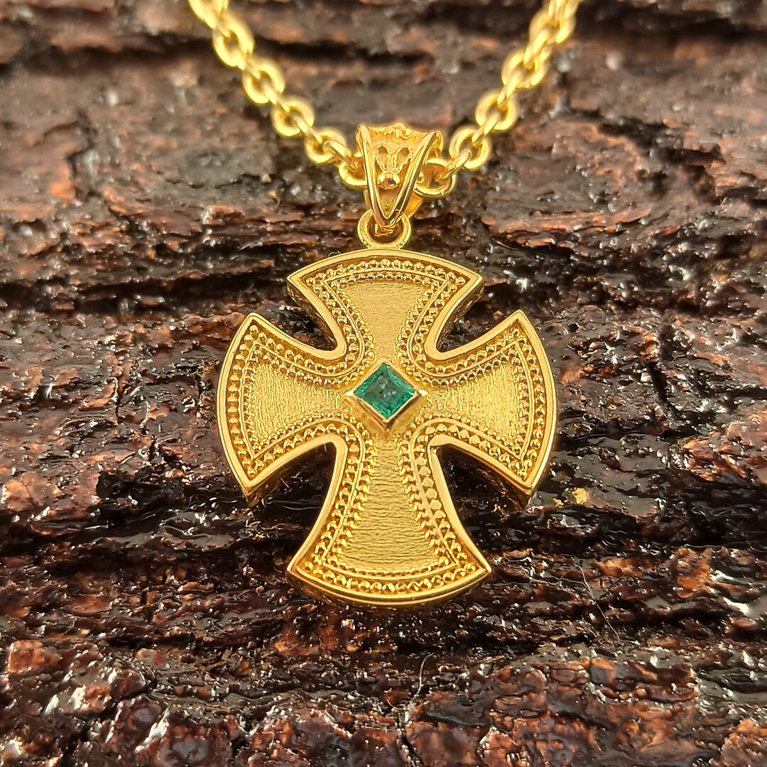 Byzantine Greek Handmade Cross With Natural Emerald Made of 18 Carat ...