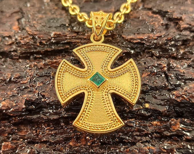 Byzantine Greek Handmade Cross With Natural Emerald Made of 18 Carat ...