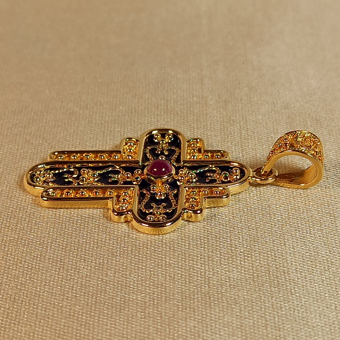Byzantine Style Greek Cross With Natural Caboshon Ruby an Enamel in 18 ...