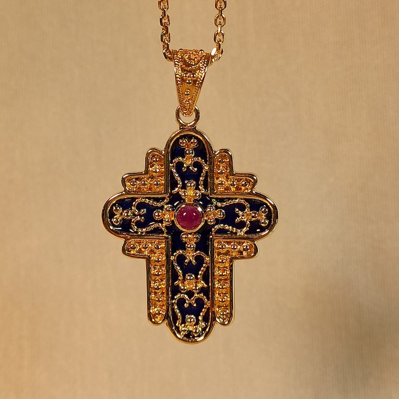 Byzantine Style Greek Cross With Natural Caboshon Ruby an Enamel in 18 ...