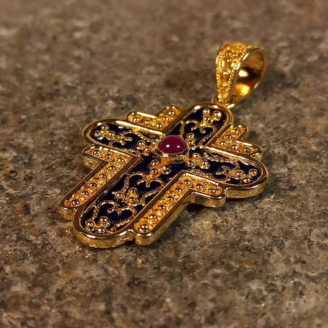 Byzantine Style Greek Cross With Natural Caboshon Ruby an Enamel in 18 ...