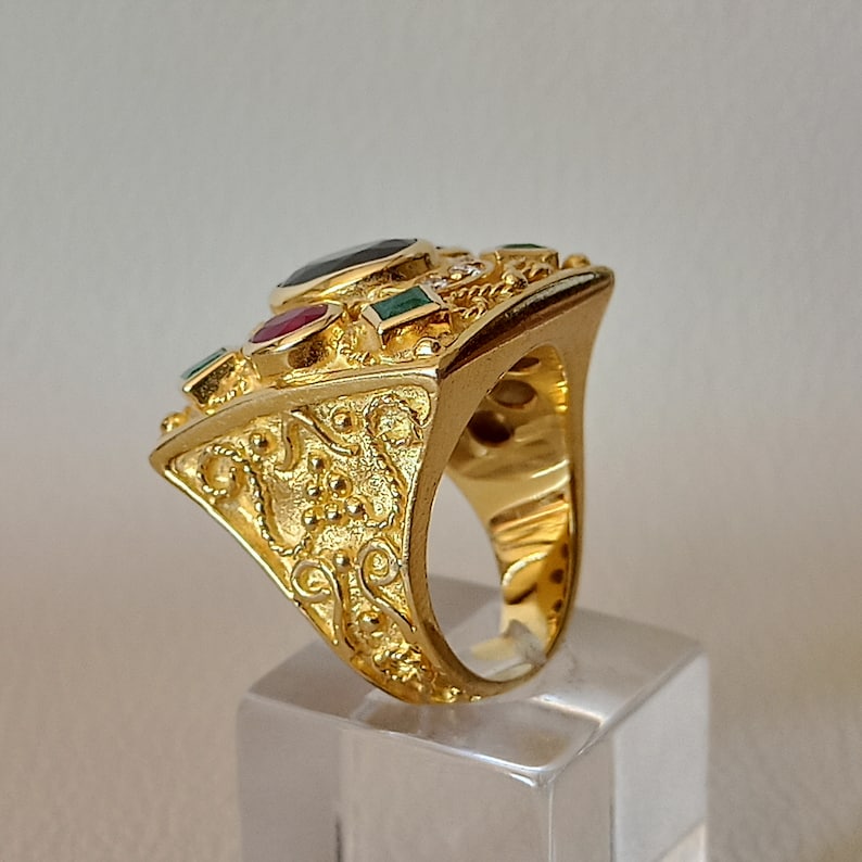 Greek Byzantine Design Ring With Precious Stones in 18 Carat Solid ...