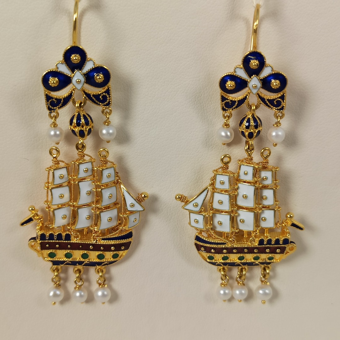 Caravel Shaped Earrings Decorated With Anemal and Pearls in Solid Gold ...