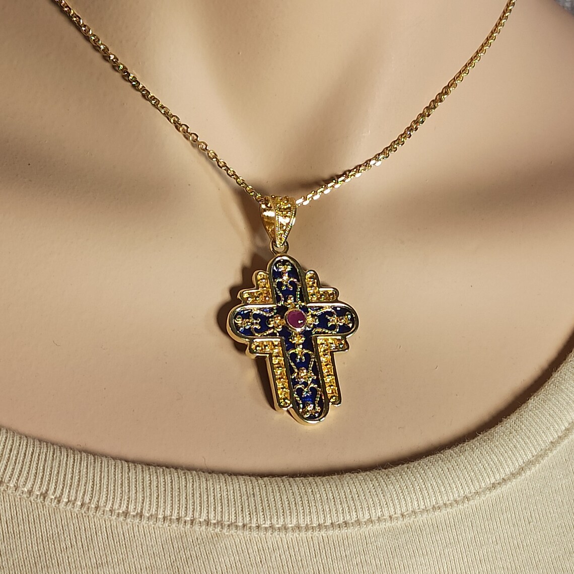 Byzantine Style Greek Cross With Natural Caboshon Ruby an Enamel in 18 ...