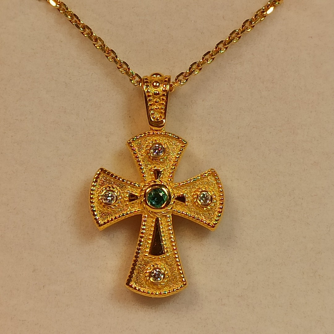 Byzantine Style Greek Orthodox Cross With Natural Diamonds and Emerald ...