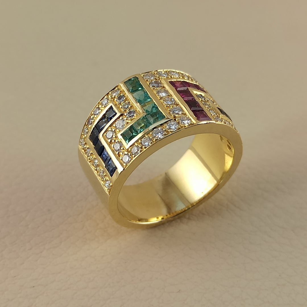 Greek Key Ring (meander) Design With Diamonds, Emeralds ,rubies, and ...