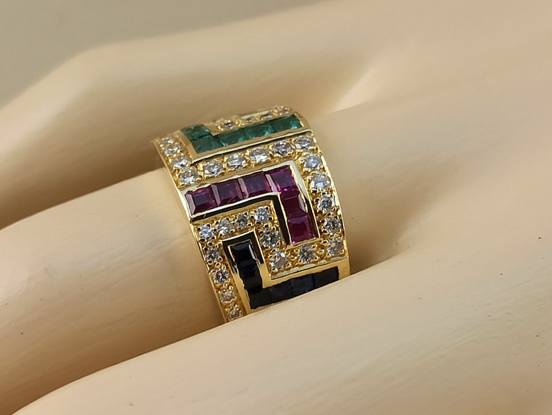 Greek Key Ring meander Design With Diamonds Emeralds - Etsy