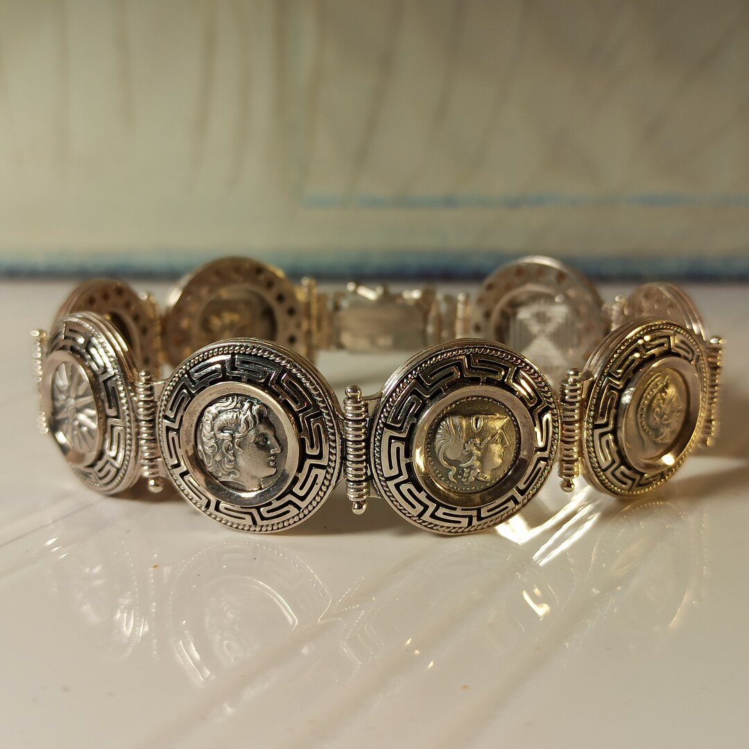Bracelet With Reproduction Ancient Greek Coins in Sterling Silver 925 ...
