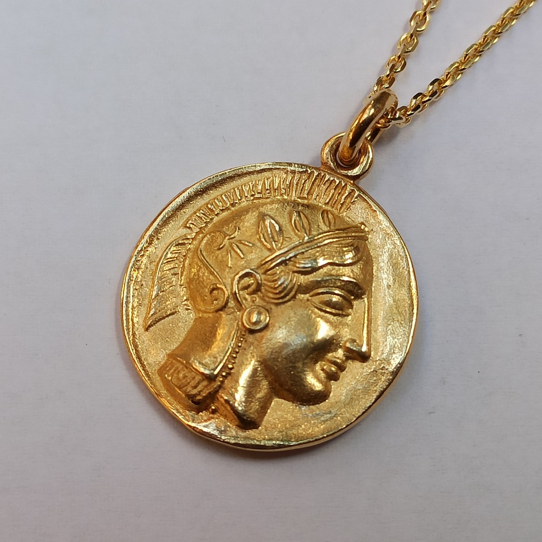 Goddess Athena Reproduction Ancient Greek Coin Pendant With Chain in 14 ...