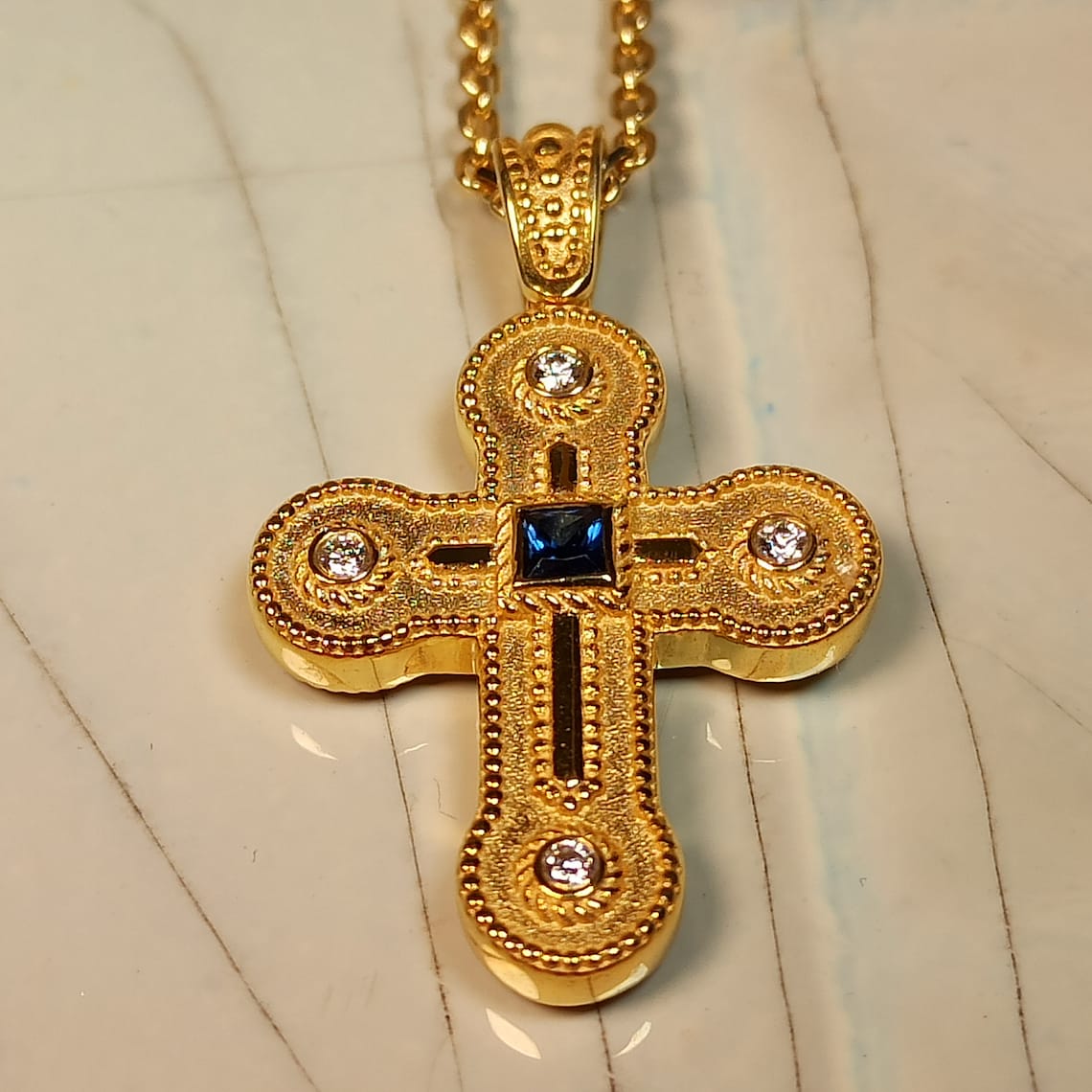 Handmade Byzantine 18K Gold Cross Pendant, Sapphire & Diamond - Etsy