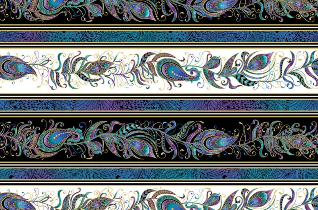 Peacock Flourish Feather Stripe Metallic Fabric by Ann Lauer for ...