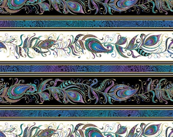 Peacock Flourish Feather Stripe Metallic Fabric by Ann Lauer for ...