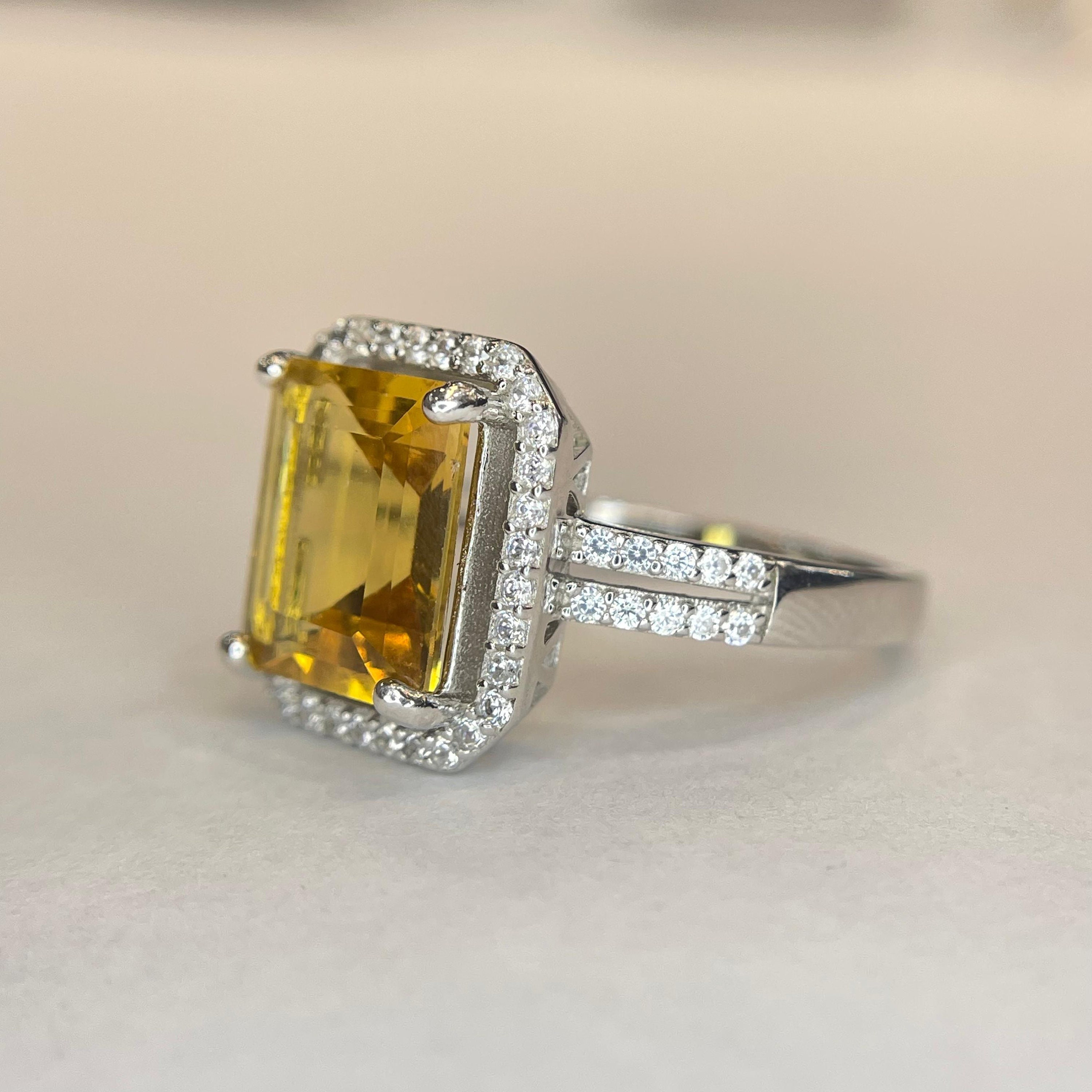 AAA+ Natural Yellow Beryl Emerald Cut//gemstone Ring 925 Sterling ...