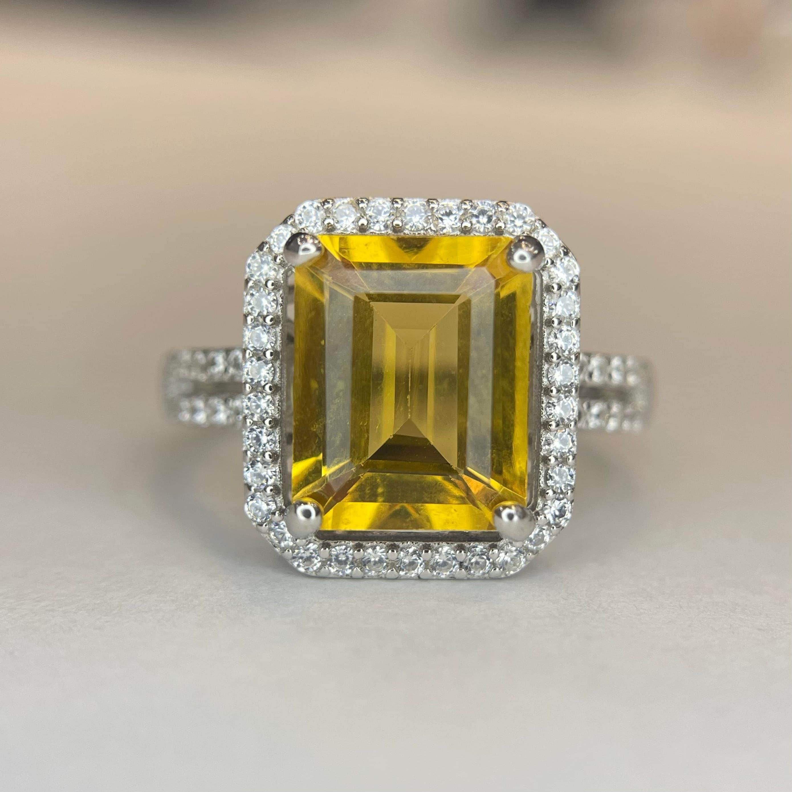 AAA+ Natural Yellow Beryl Emerald Cut//gemstone Ring 925 Sterling ...